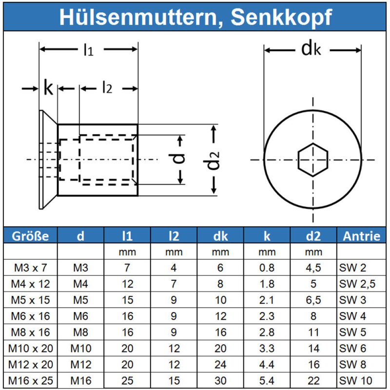 Hülsenmuttern M12 X 20 mit Senkkopf und Innensechskant INOX